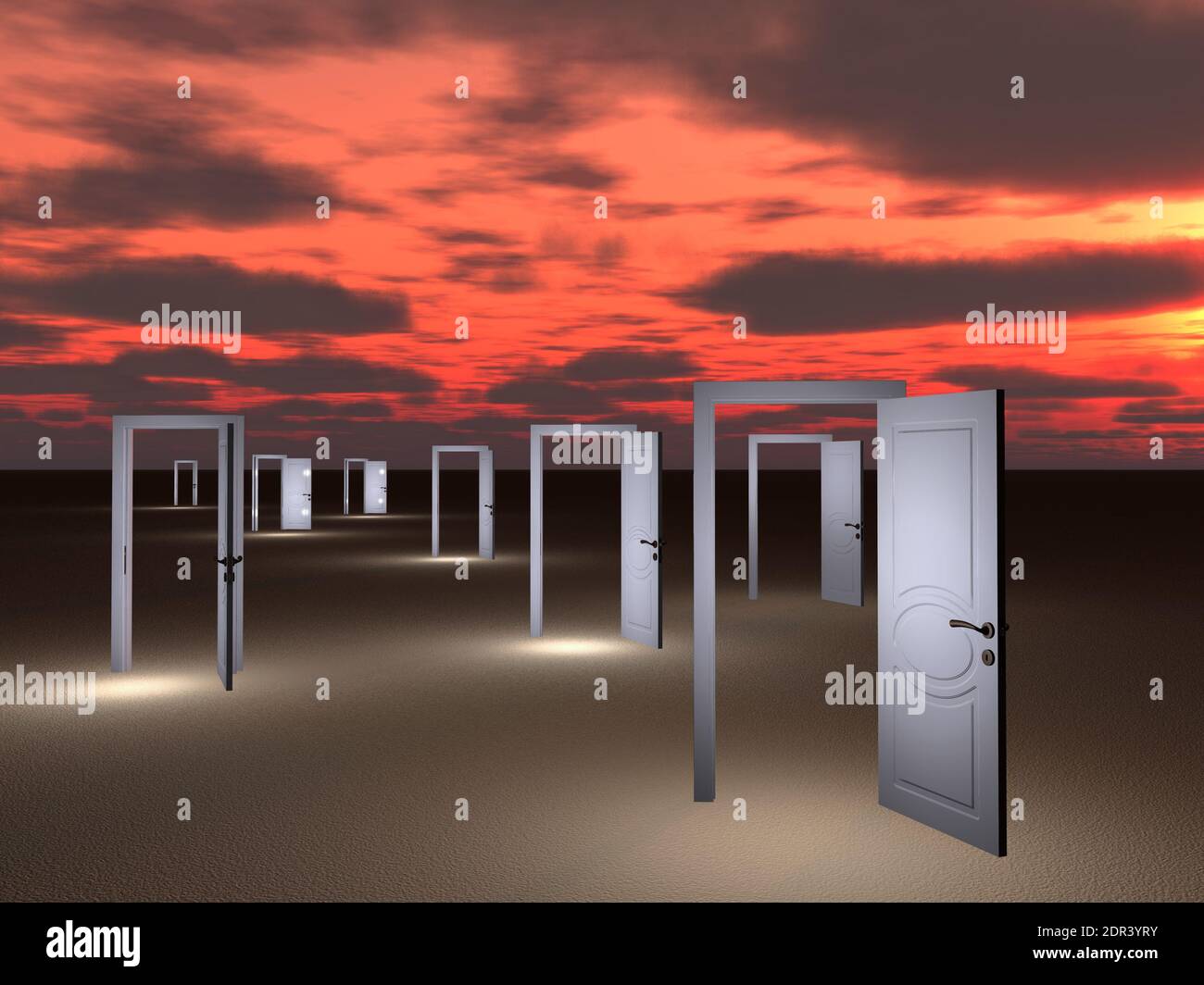 Multiple open doors buried in surreal landscape. Possibilities. 3D ...