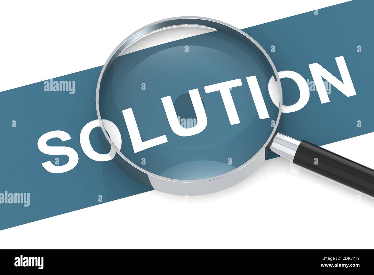 A 3D rendering illustration of solution word under a magnifying glass ...