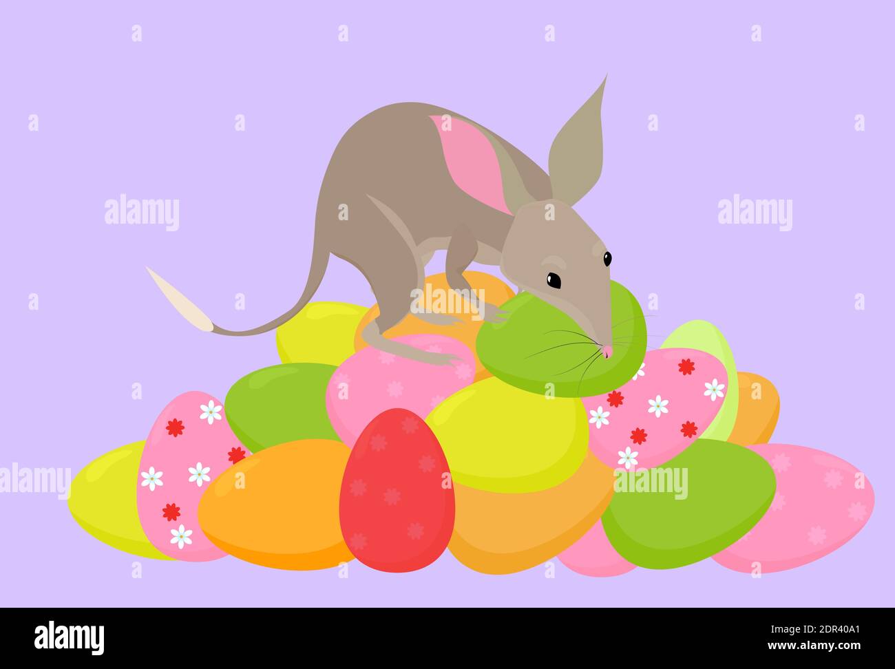 Cartoon illustration of cute bilby mascot on heap Easter eggs, little ...