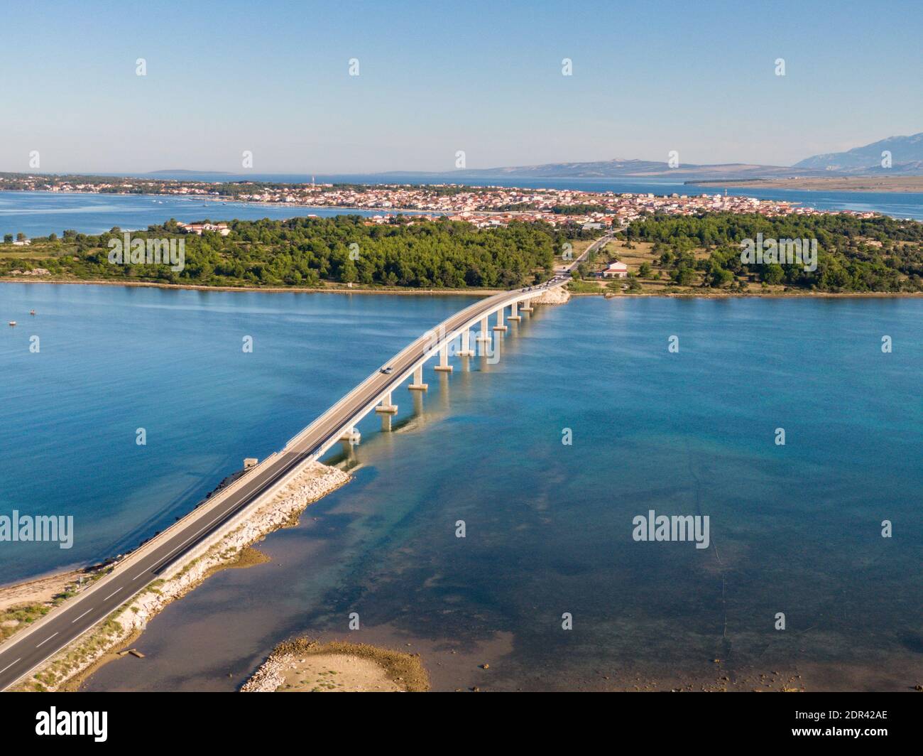 Aerial view of bridge to island Vir over the Adriatic sea in Croatia ...