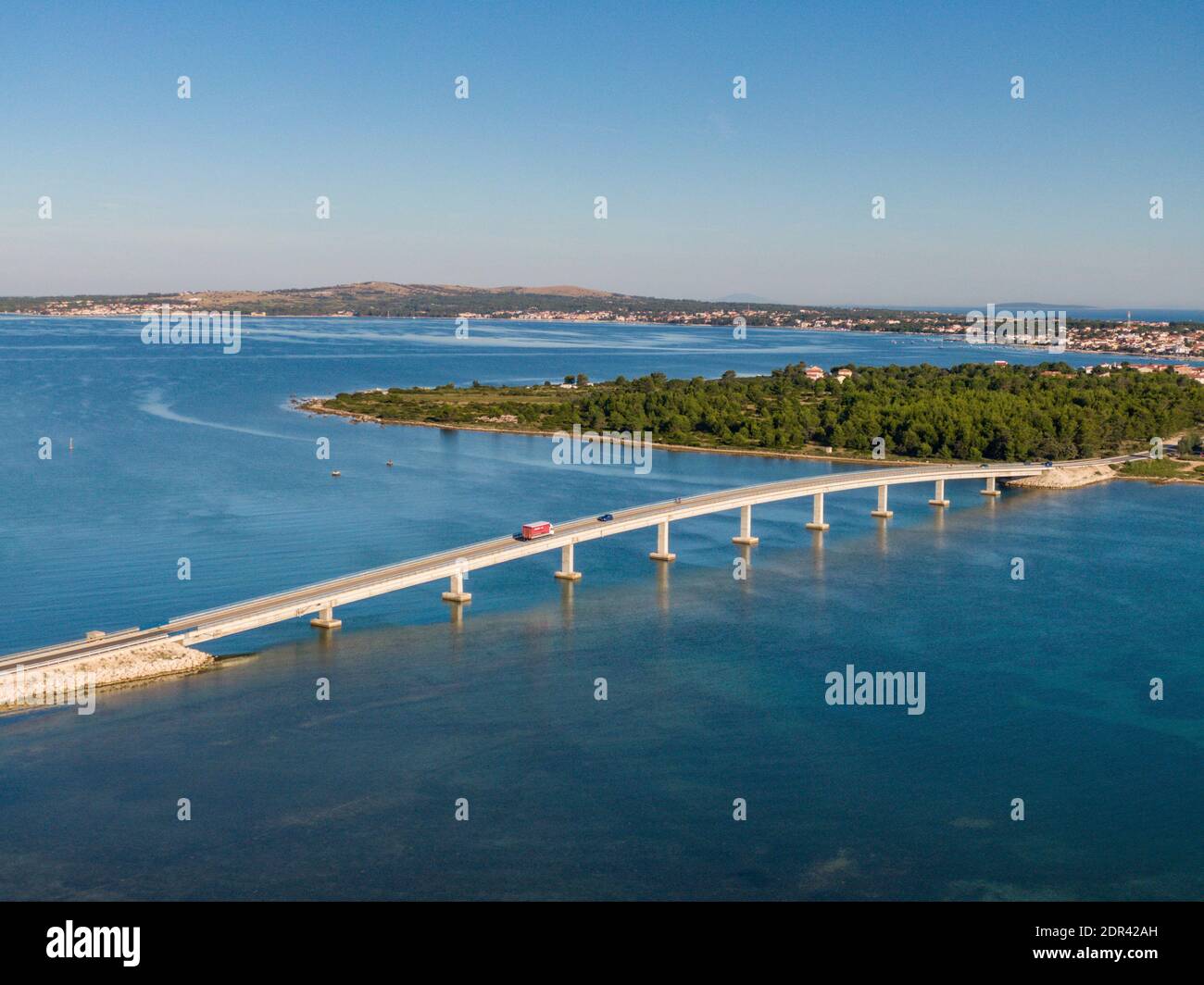 Aerial view of bridge to island Vir over the Adriatic sea in Croatia ...