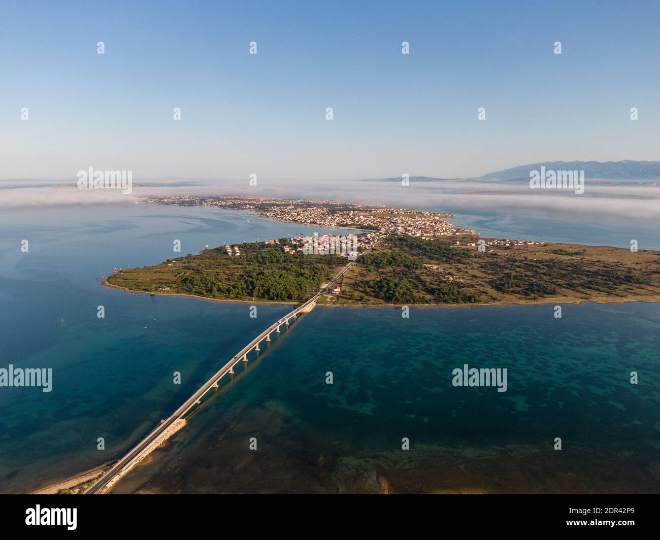Aerial view of bridge to island Vir over the Adriatic sea in Croatia ...