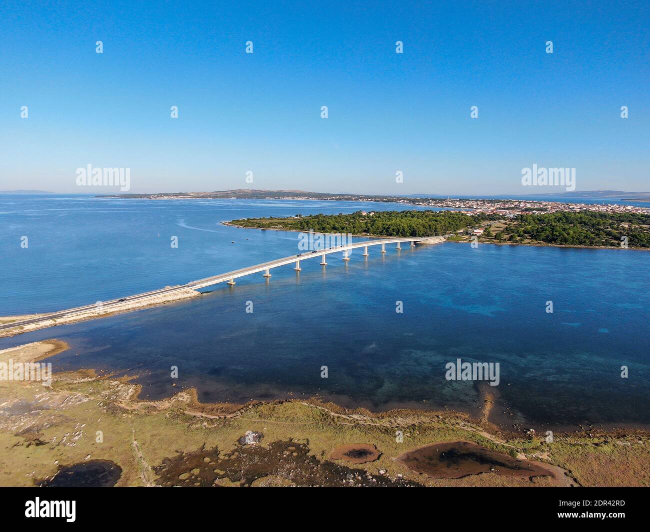 Aerial view of bridge to island Vir over the Adriatic sea in Croatia ...