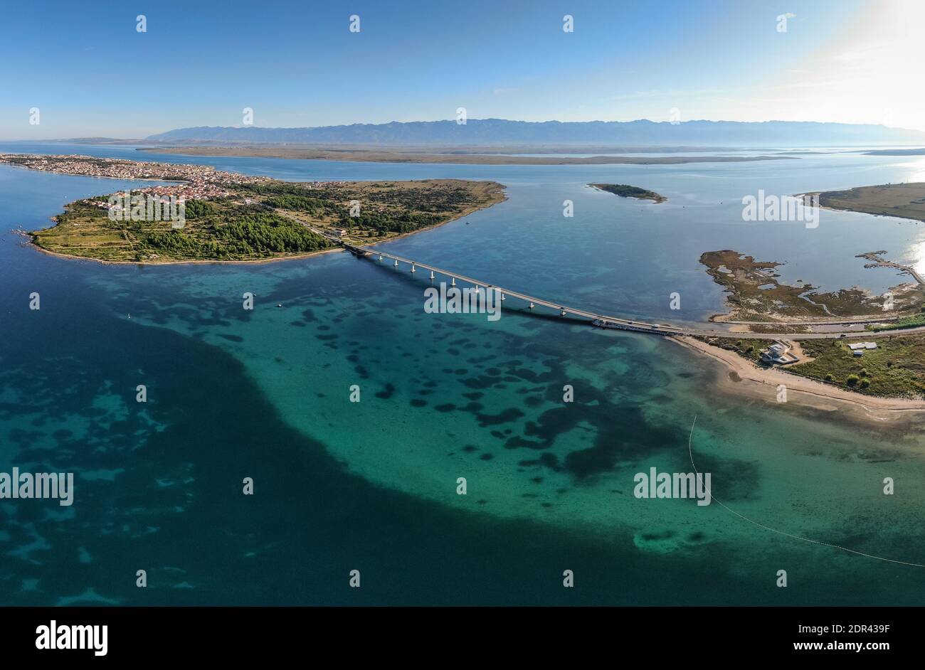 Aerial view of bridge to island Vir over the Adriatic sea in Croatia ...