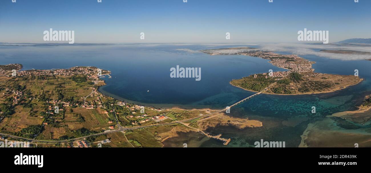 Aerial view of bridge to island Vir over the Adriatic sea in Croatia ...