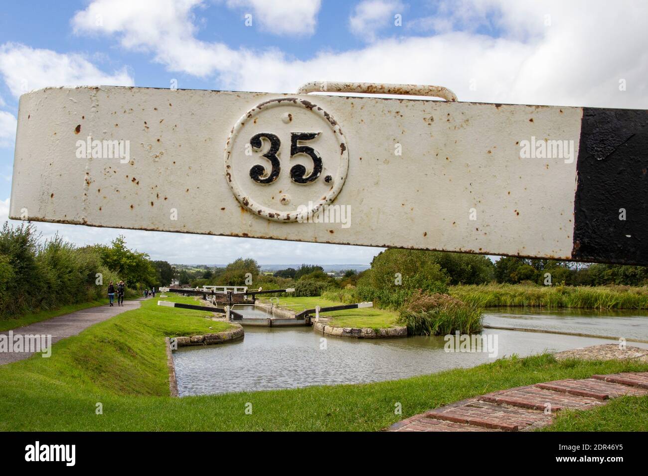 DEVIZES, WILTSHIRE, UK, August 25 2020. Numbers on the lock gates at ...