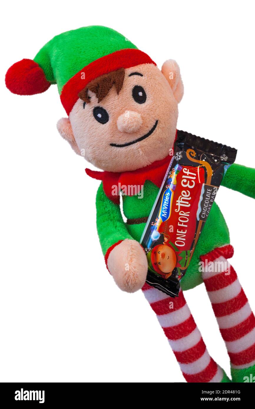 Elf holding McVities Santa Snacks chocolate cake bar one for the elf ...