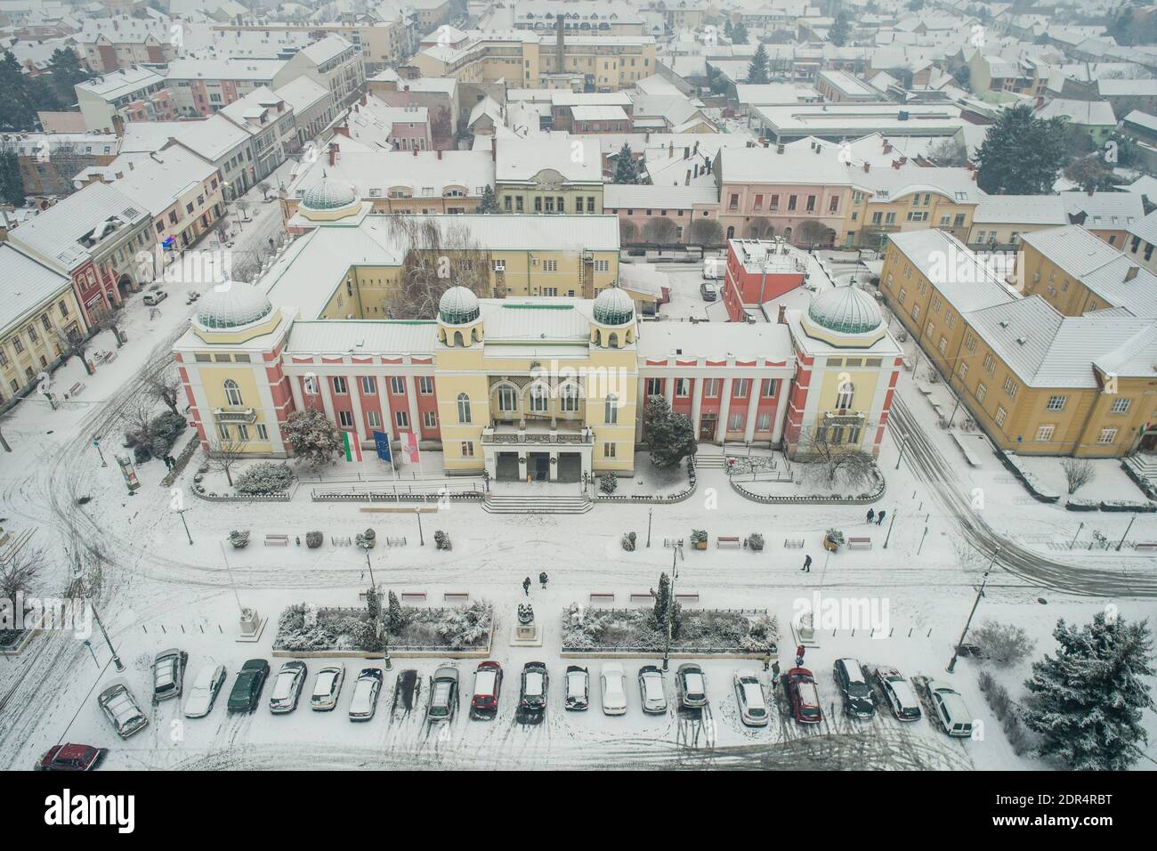 Varoshaza in Mohacs main squere with snow Stock Photo - Alamy