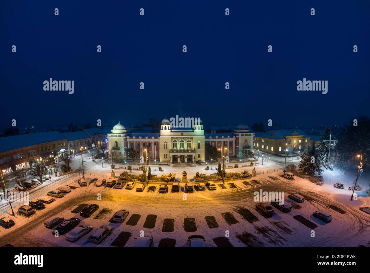 Varoshaza in Mohacs main squere with snow Stock Photo - Alamy