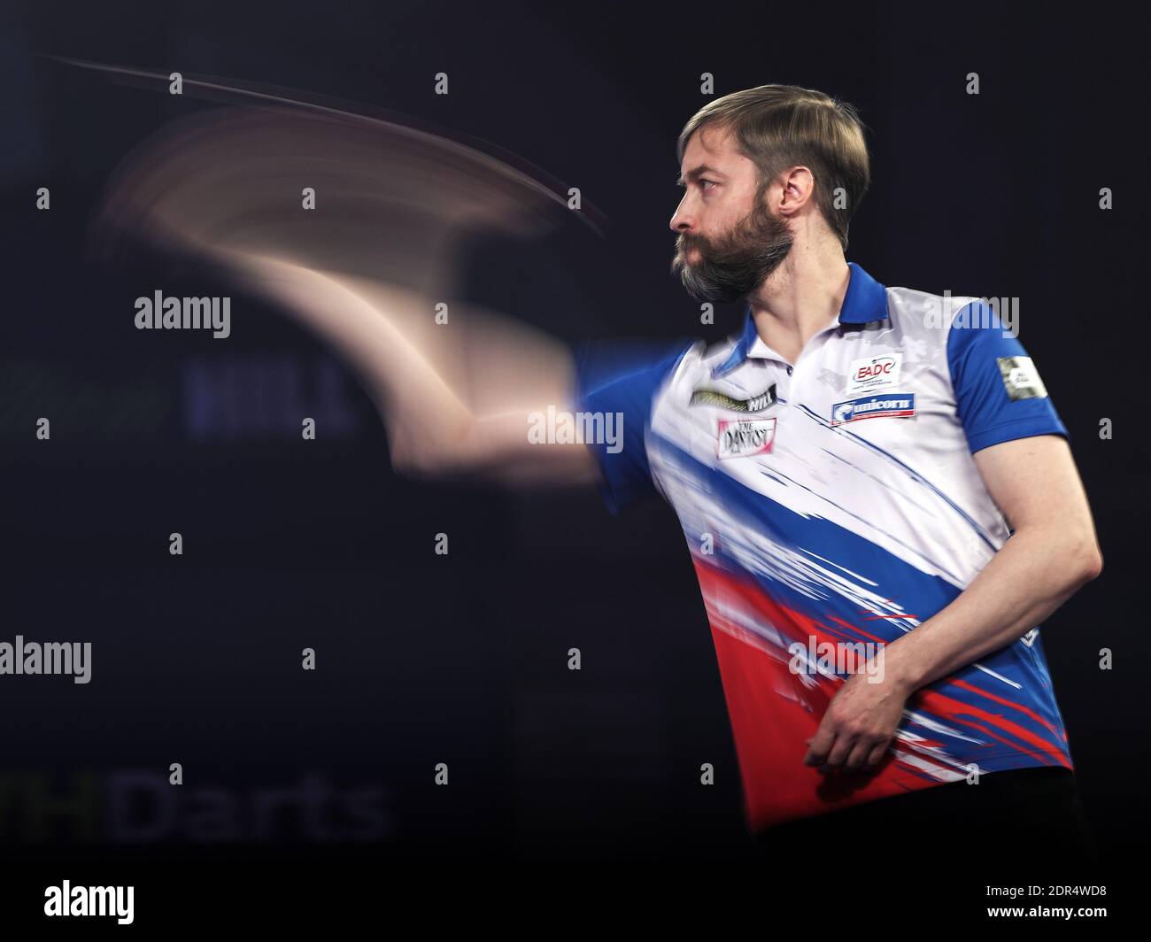 Dmitriy Gorbunov in action during day six of the William Hill World Darts Championship at ...