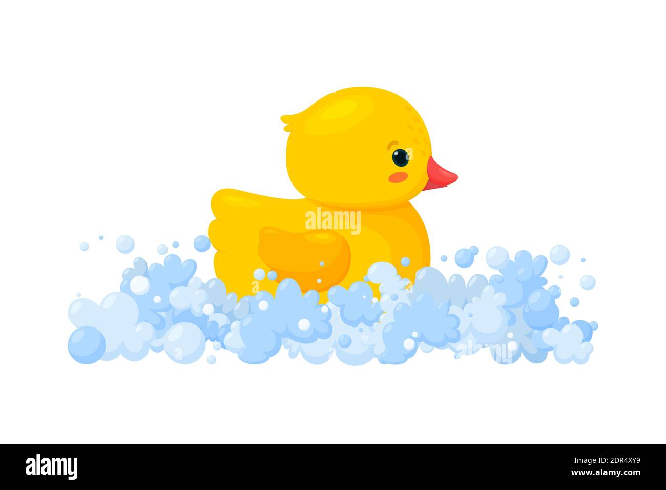 Rubber Duck In Soap Foam With Bubbles Isolated In White Background