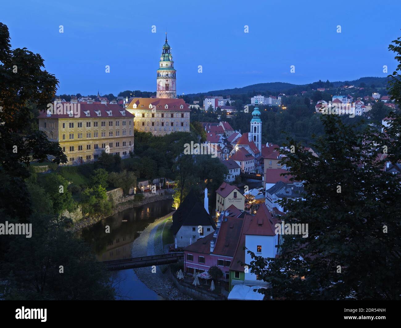 View over Cesky Krumlov Old Town, Chesky Krumlov Castle, its tower and ...