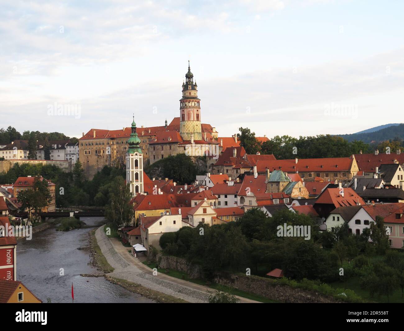 View over Cesky Krumlov Old Town, Chesky Krumlov Castle, its tower and ...