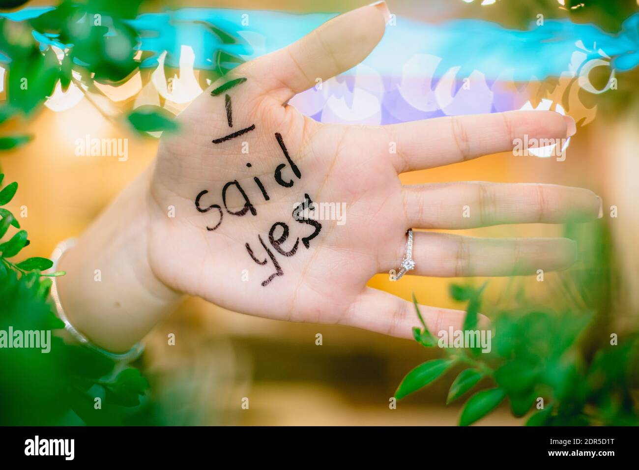 Just engaged girl showing her hand written that she said yes Stock ...
