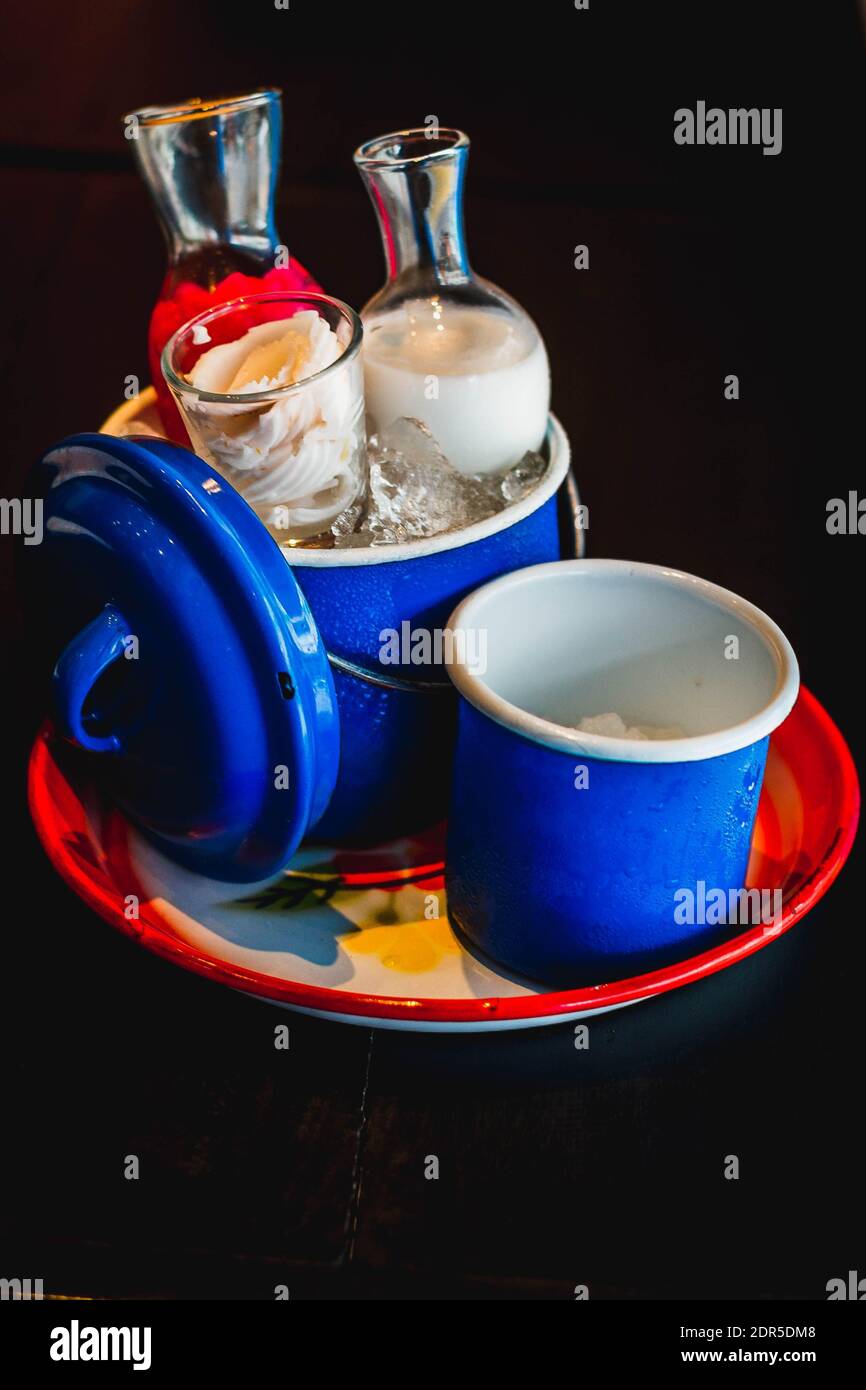 deconstructed Red Ruby dessert consisting of coconut flavoured ice ...