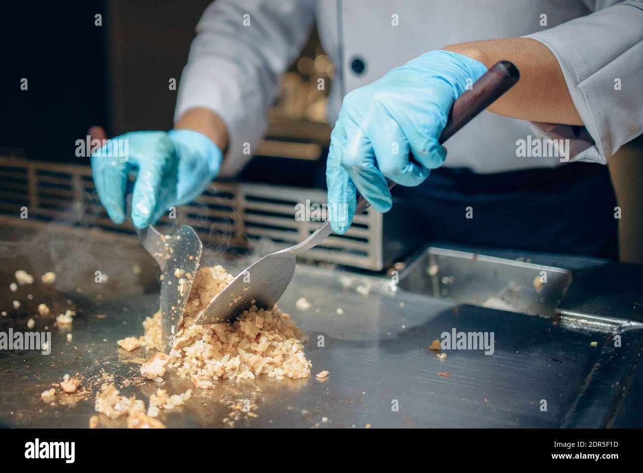 Hand of man take cooking of meat with vegetable grill, Chef cooking ...