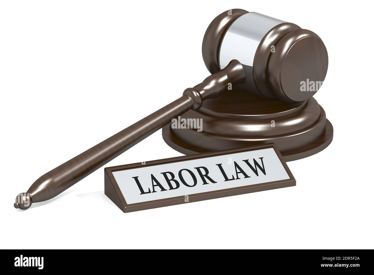 A 3D rendering illustration of a judge gavel and labor law banner ...