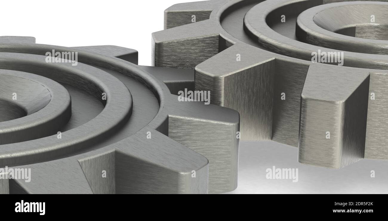 A 3D rendering illustration of metal gear engaged isolated on white ...