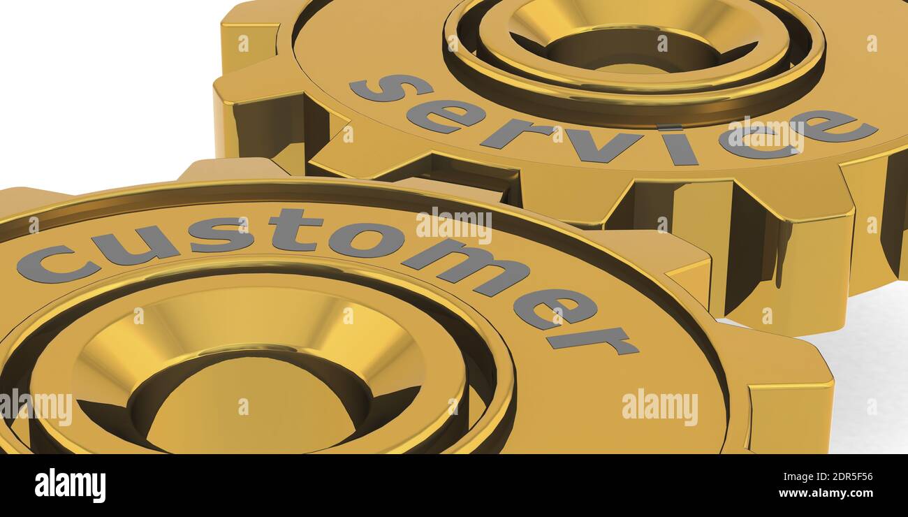 A 3D rendering illustration of customer service word on golden gears ...