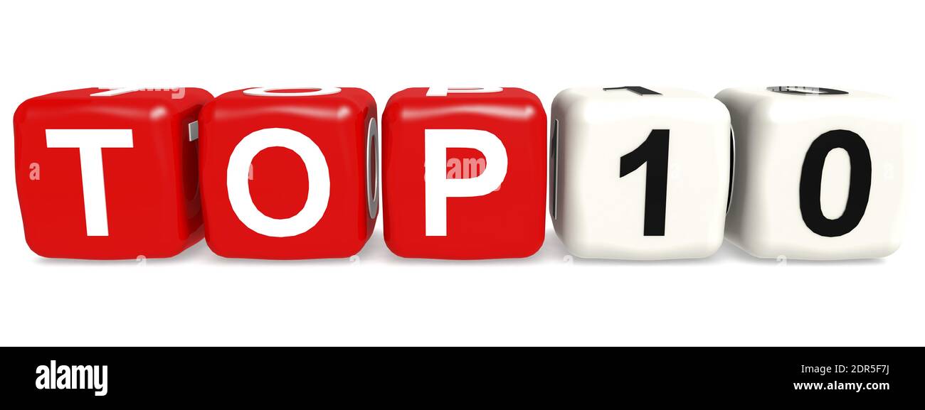A 3D rendering illustration of Top 10 word with red and white blocks ...