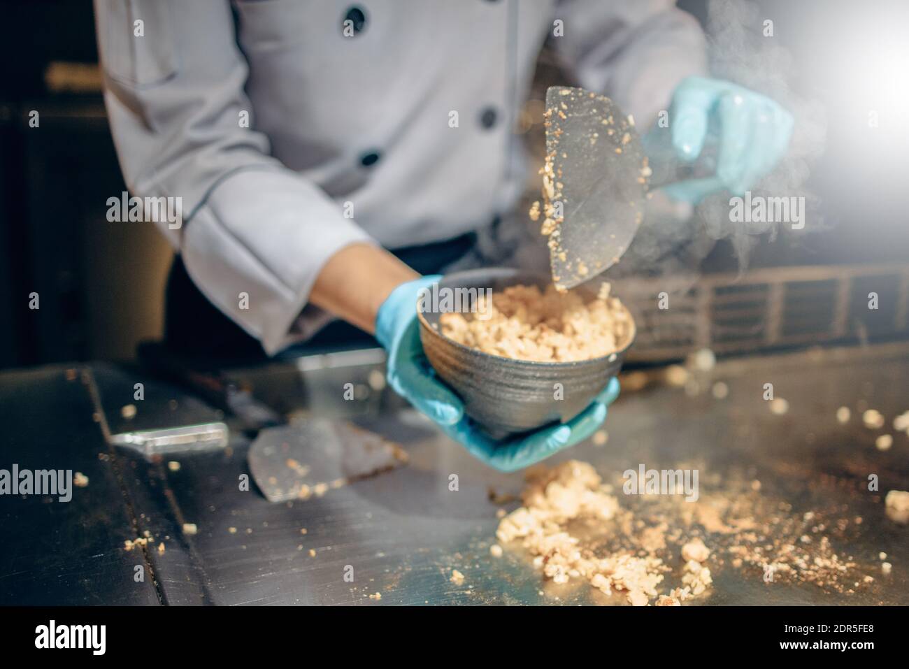 Hand of man take cooking of meat with vegetable grill, Chef cooking ...