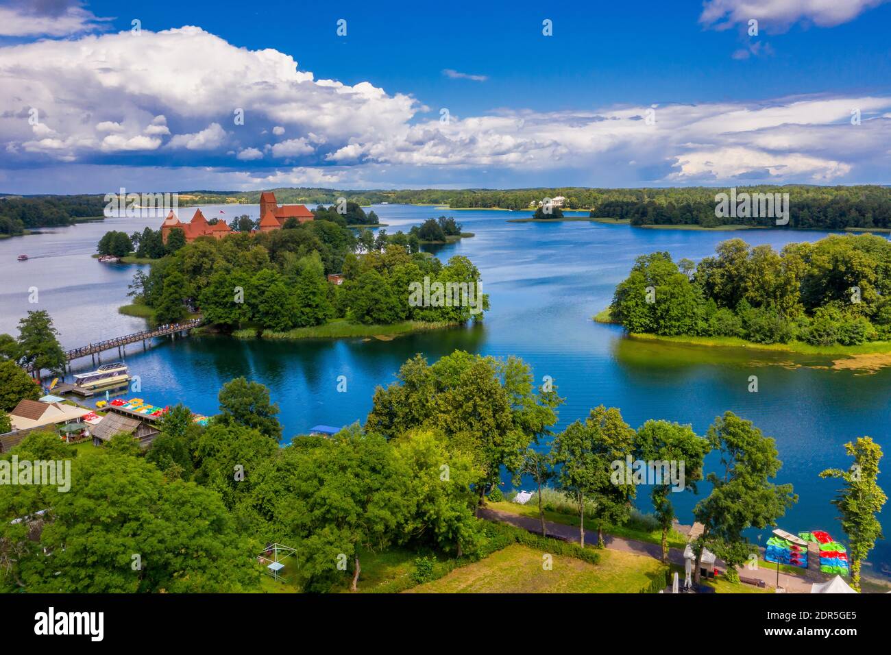 An aerial view of Trakai over the medieval gothic Island castle in ...