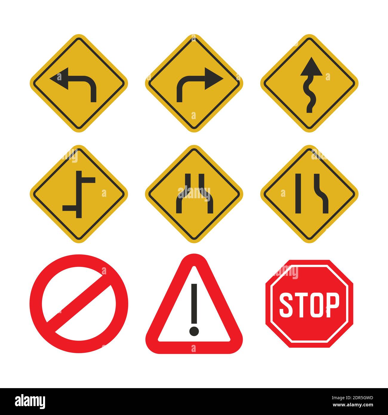 Road traffic signs set in yellow and red. Car direction on the road ...