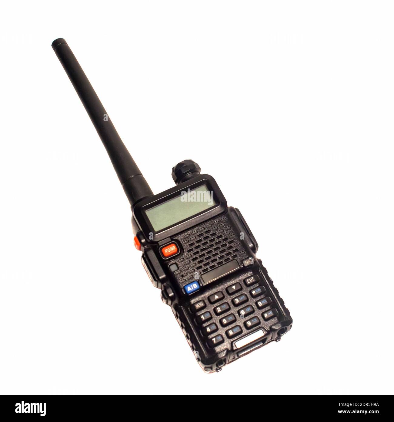 Black portable radio transmitter isolated on white background. Close-up ...