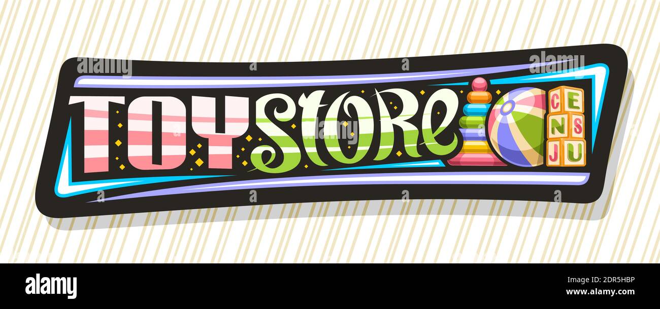 Vector banner for Toy Store, black sign board with illustration of kids ...