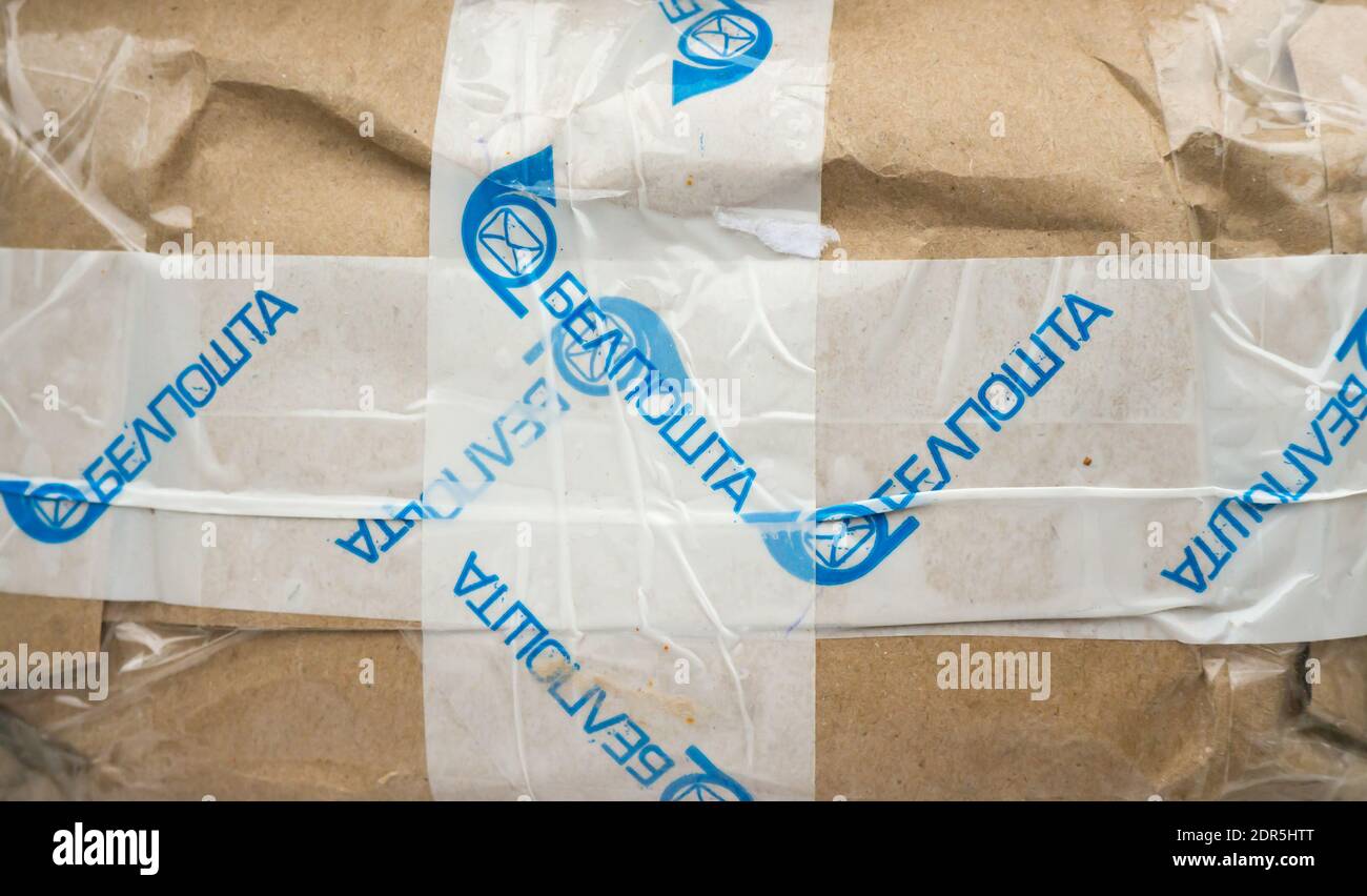 BELARUS- CIRCA 2020: A revers side of the parcel with Belarussian ...