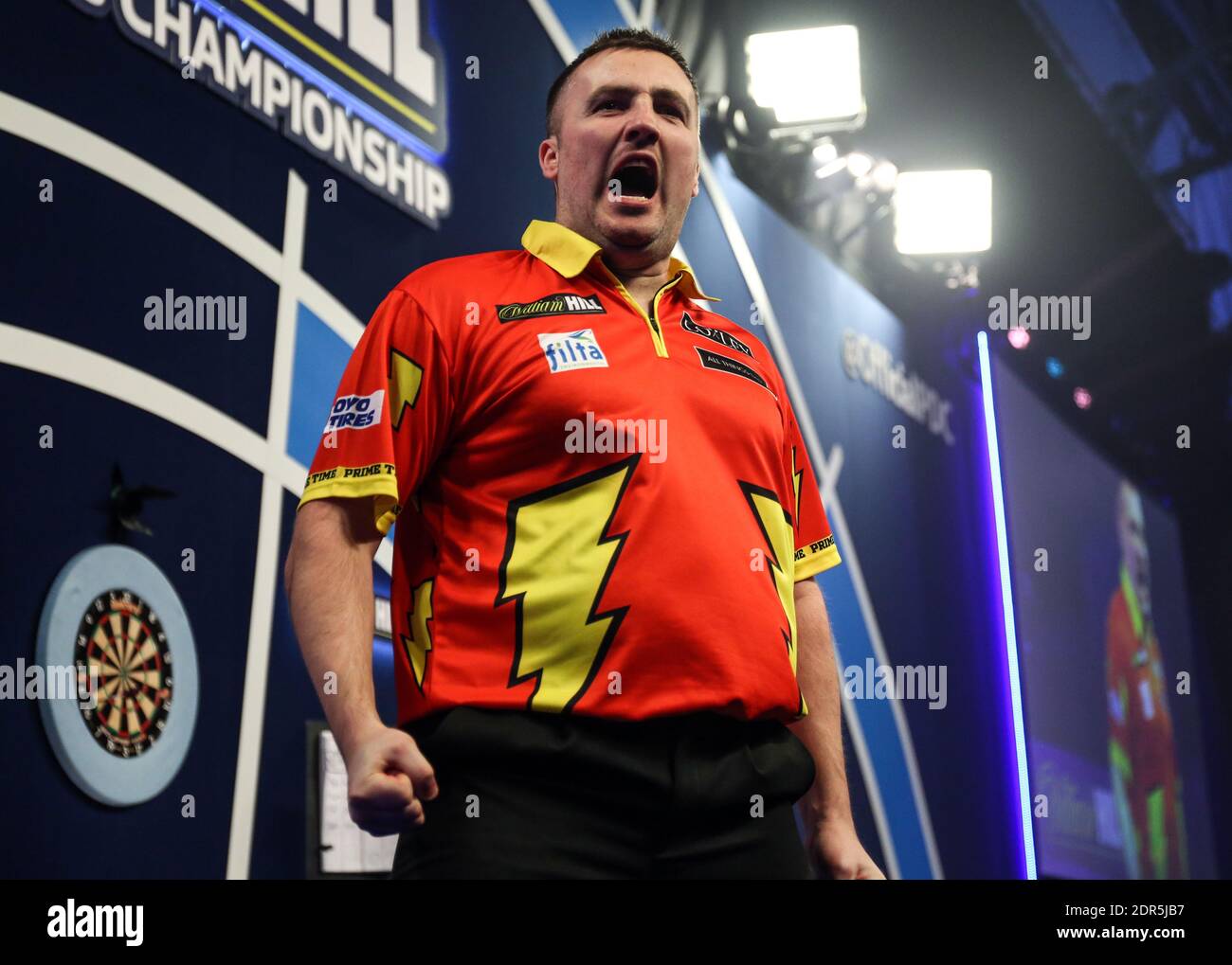 Matthew Edgar celebrates after beating Maik Kuivenhoven during day six ...