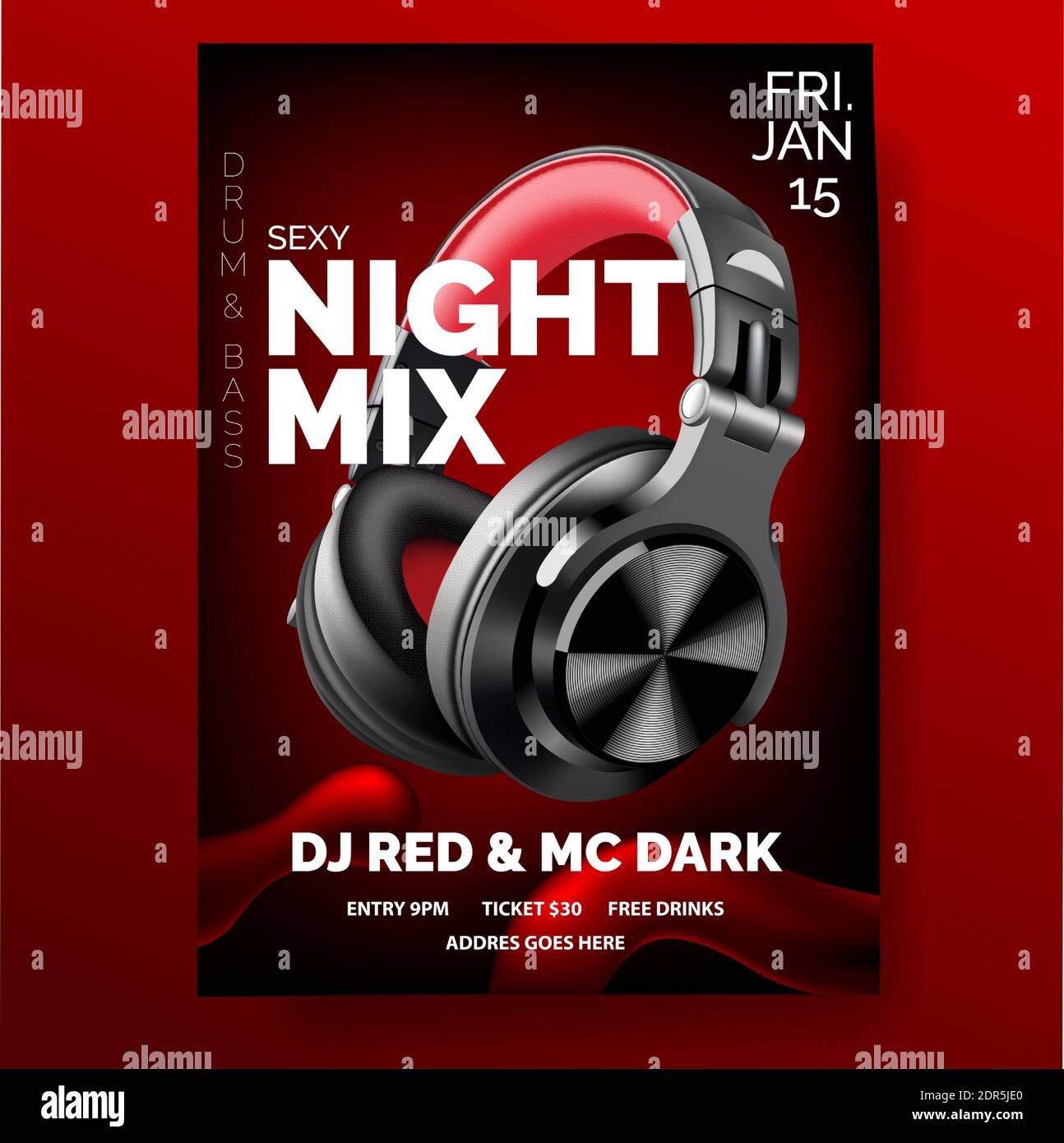 Club poster with headphones, dance party, fluid design flyer ...