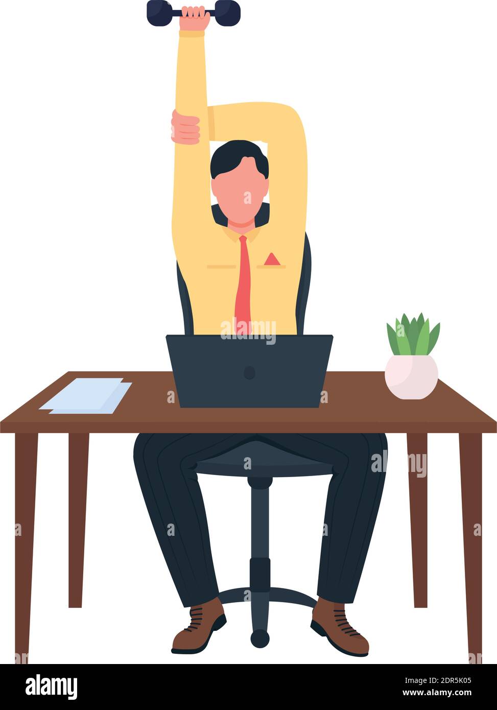 Man working out at workplace flat color vector faceless character ...