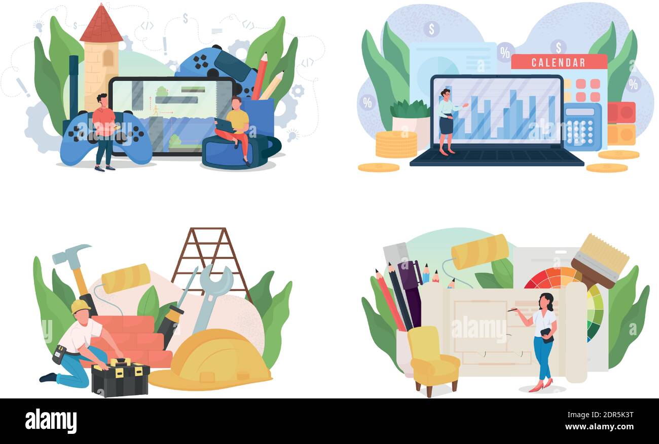 Popular jobs flat concept vector illustration set. Handyman. Interior ...