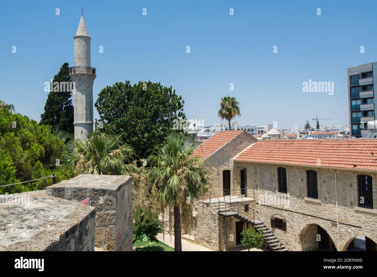 Minaret of Buyuk or Kebir Mosque and Medieval castle in the Larnaca ...