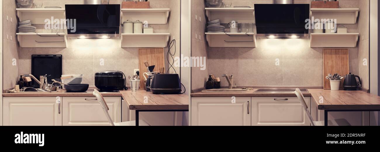 Modern kitchen before and after cleaning and washing up dirty dishes ...
