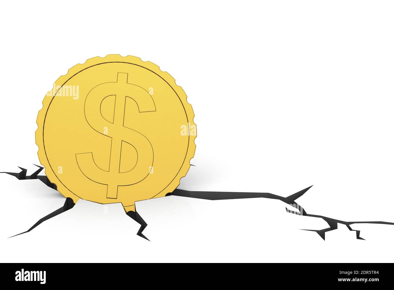 A 3D rendering illustration of a crack ground and gold coin isolated on ...