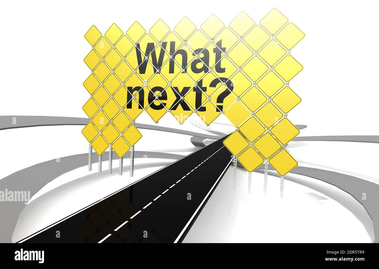 A 3D rendering illustration of a what next word on giant yellow road ...