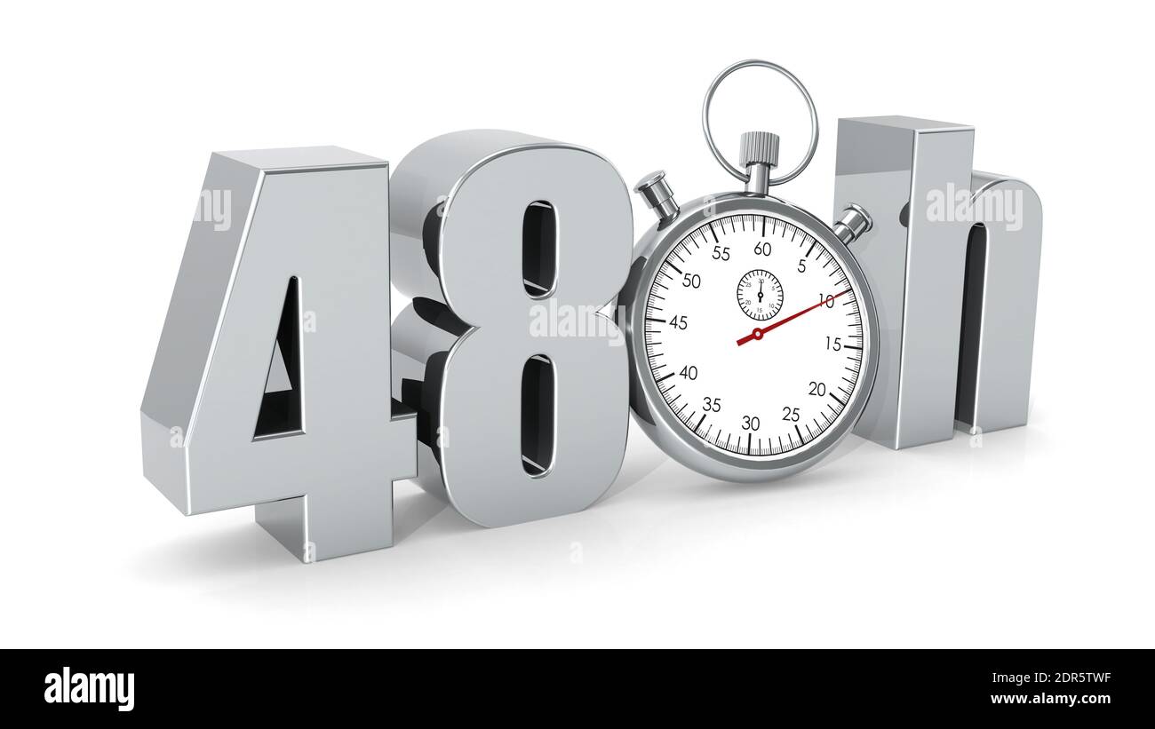 A 3D rendering illustration of a stopwatch with 48 hours word isolated ...