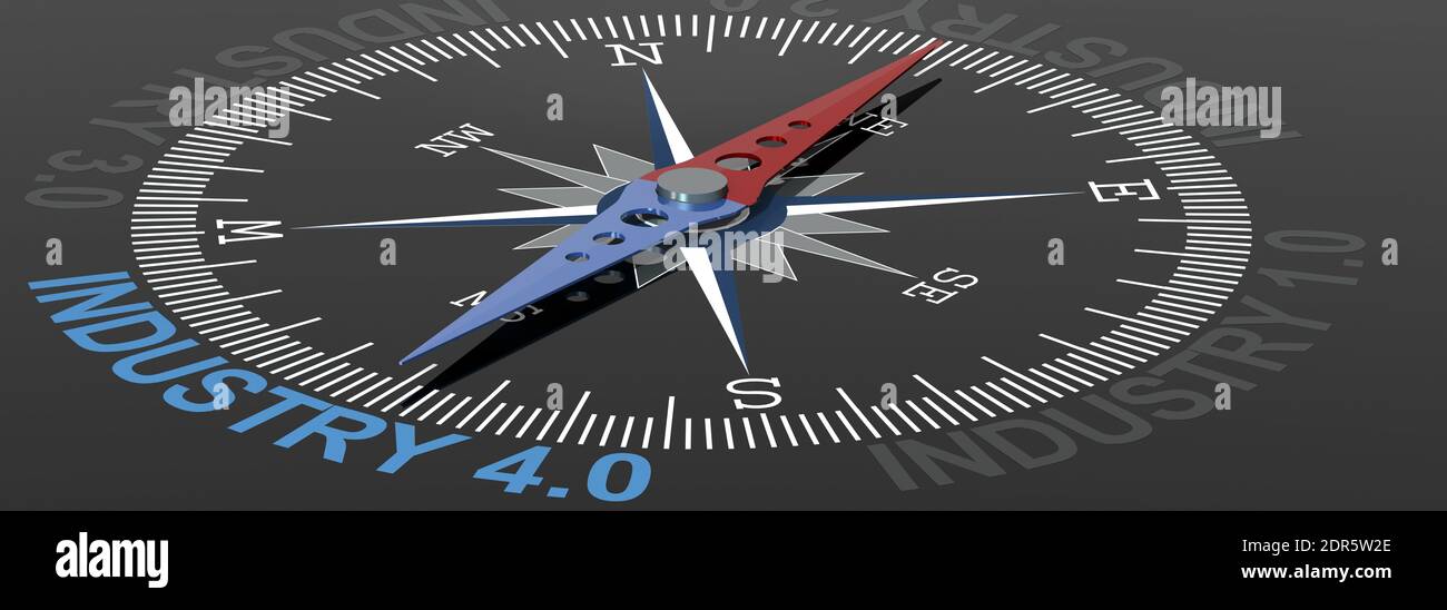 A 3D rendering illustration of an industry 4.0 word on compass with ...
