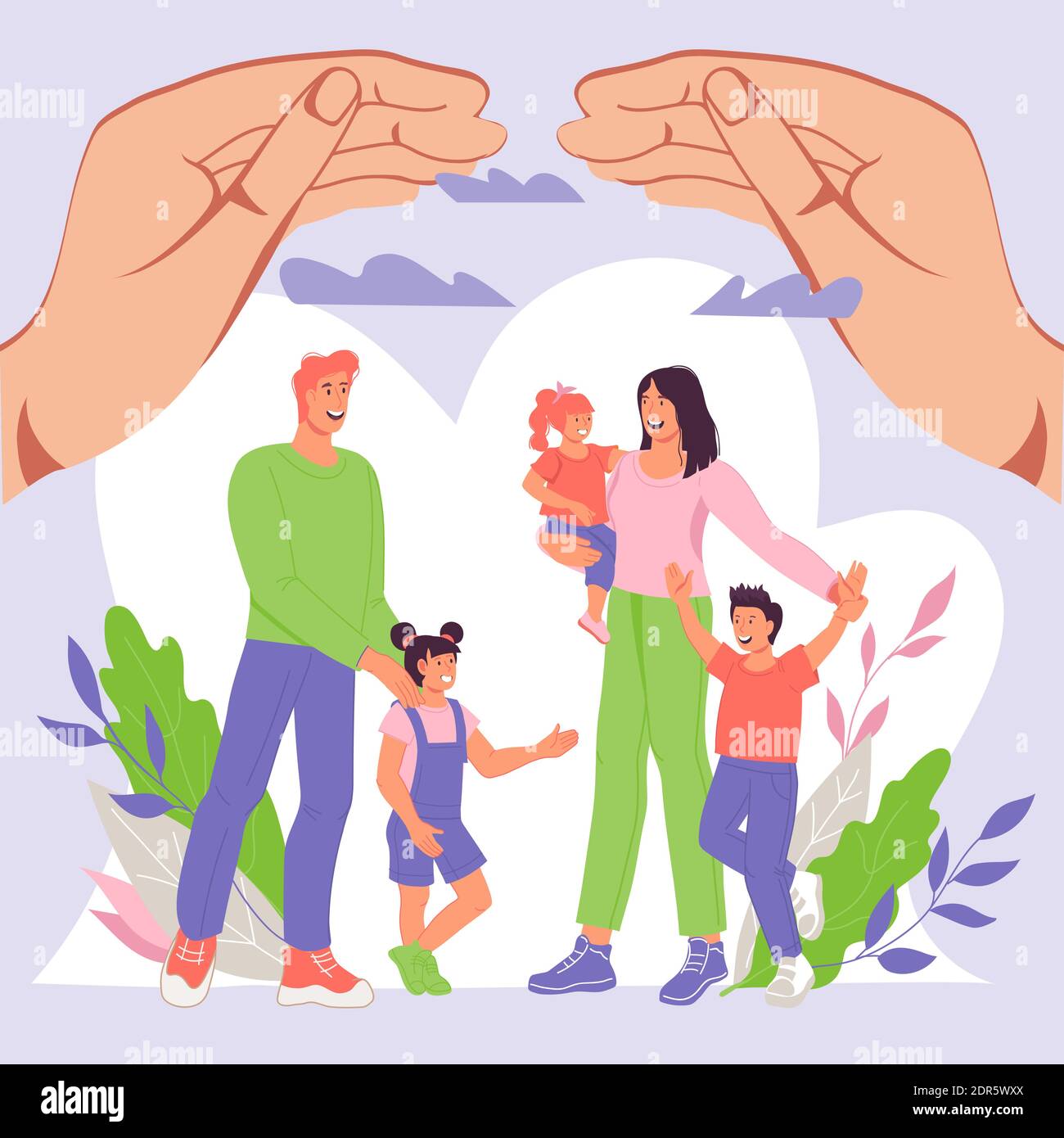 Family with children under huge protective hand palms, flat vector ...