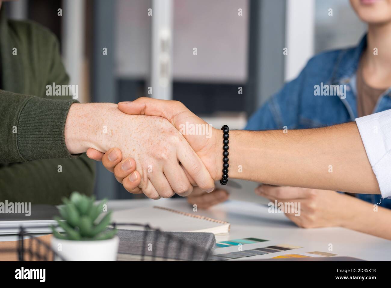 Hand of young businessman of Caucasian ethnicity shaking that of mixed ...