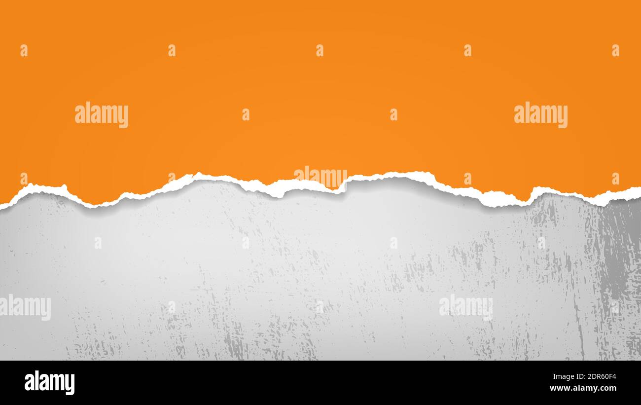 Piece of torn, ripped orange paper with soft shadow is on grey stained ...