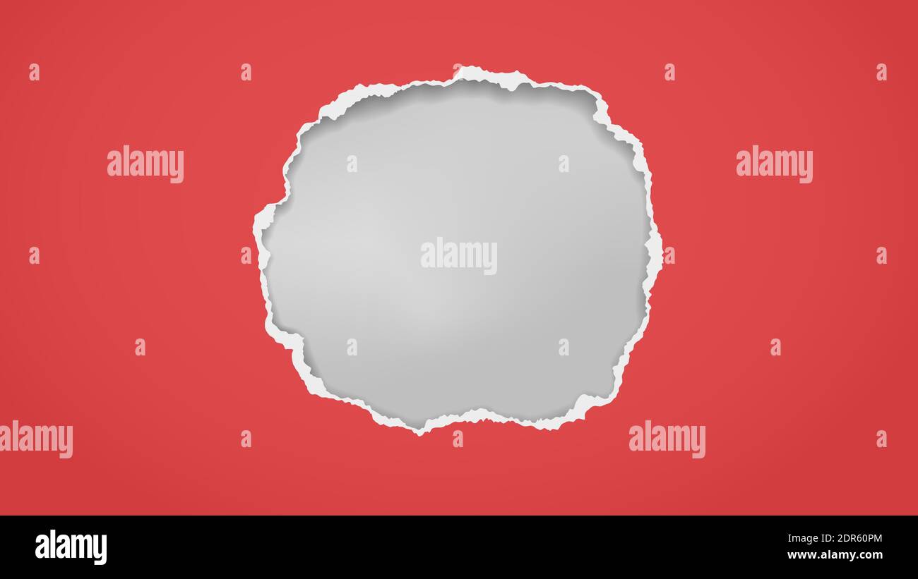 Round hole composition in red paper with torn edges and soft shadow is ...