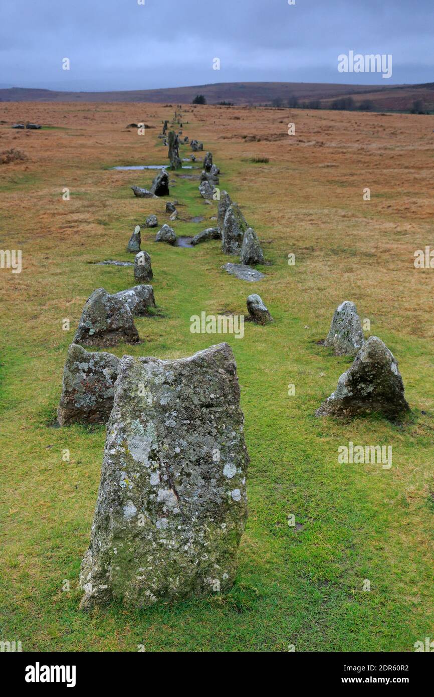 View of Stone Row at Merrivale Megalithic site Devon Dartmoor UK Stock ...