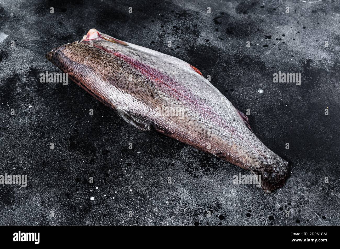 Fresh whole trout fishes. Black background. Top view Stock Photo - Alamy