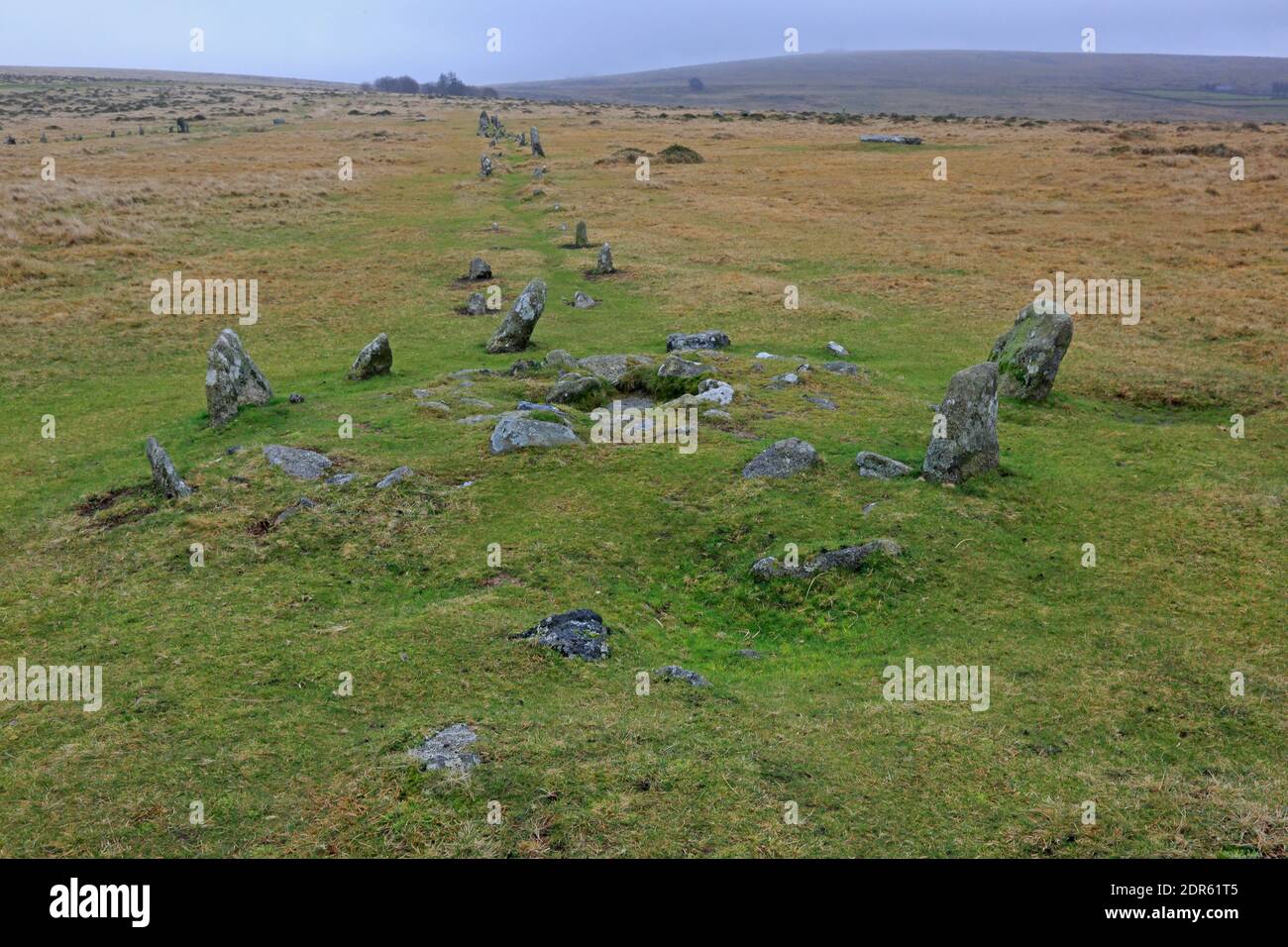 View of a Stone Row at Merrivale Megalithic site Dartmoor Devon UK ...