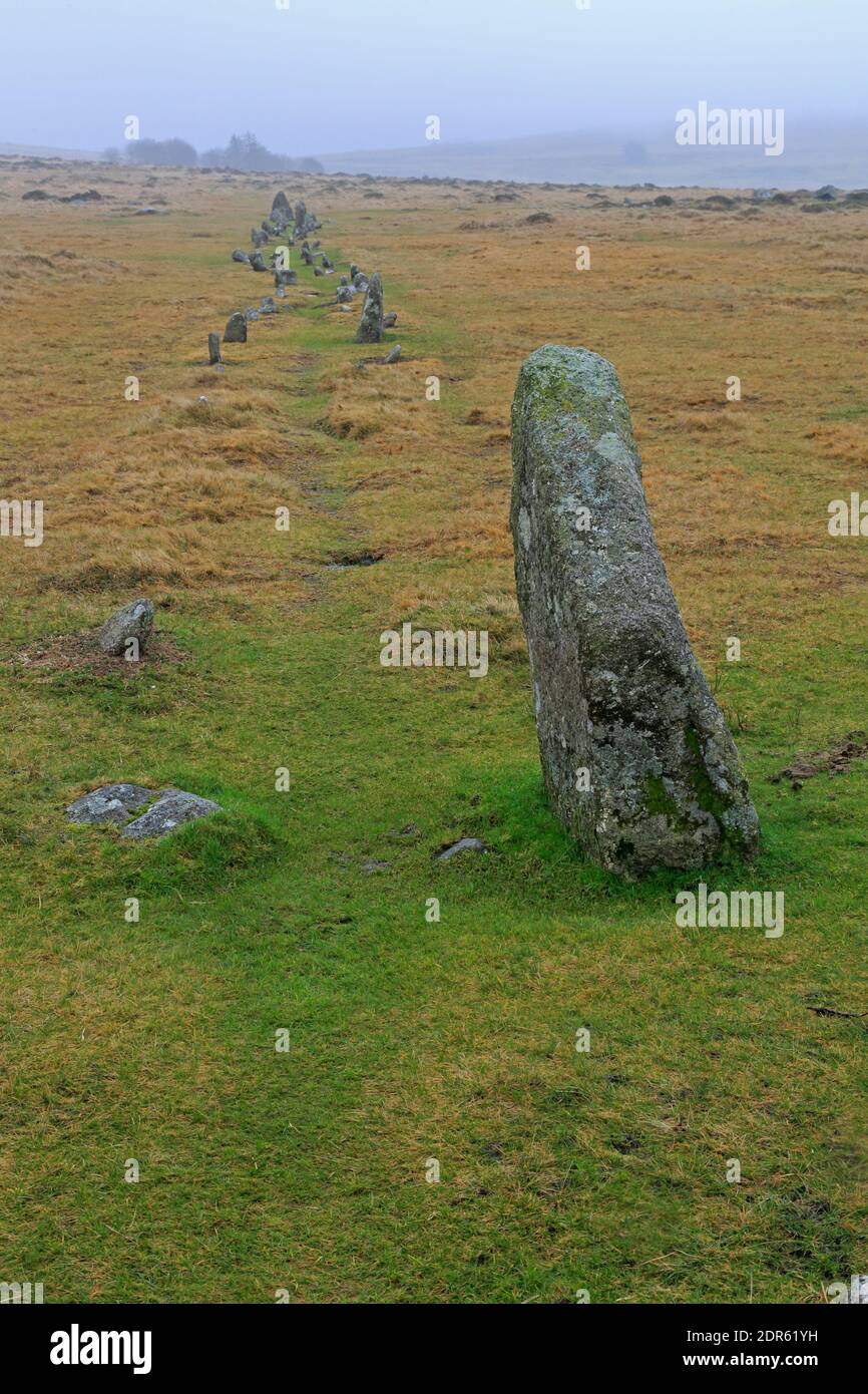 View of a Stone Row at Merrivale Megalithic site Dartmoor Devon UK ...