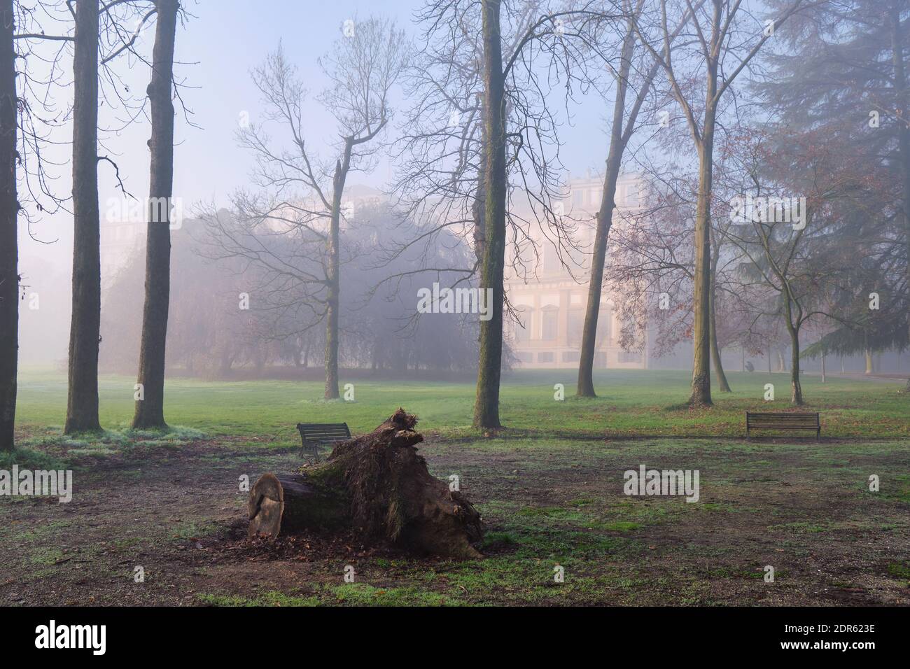 Royal Villa of Monza partially hidden by a mist shrouded forest, Park ...