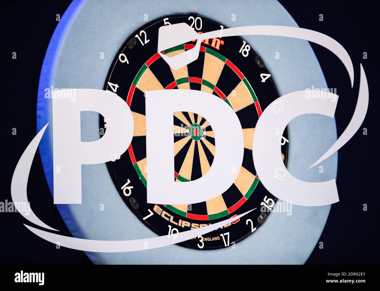 General view of a dartboard and PDC sign during day six of the William ...